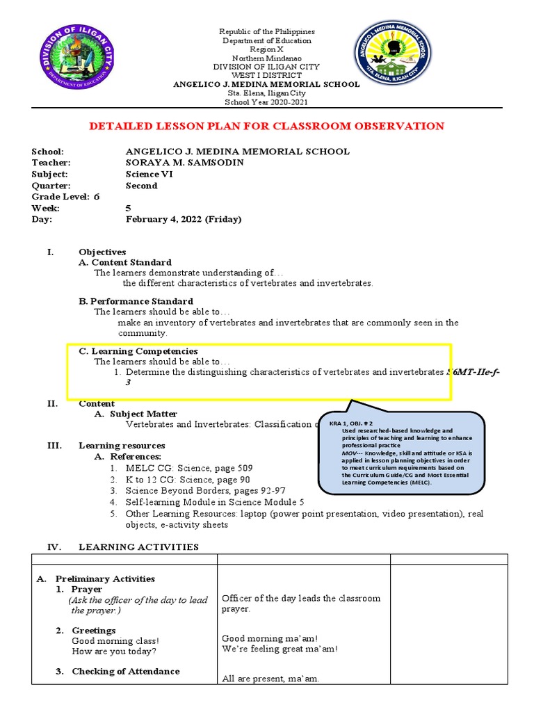 Detailed Lesson Plan For Classroom Observation: Angelico J. Medina ...
