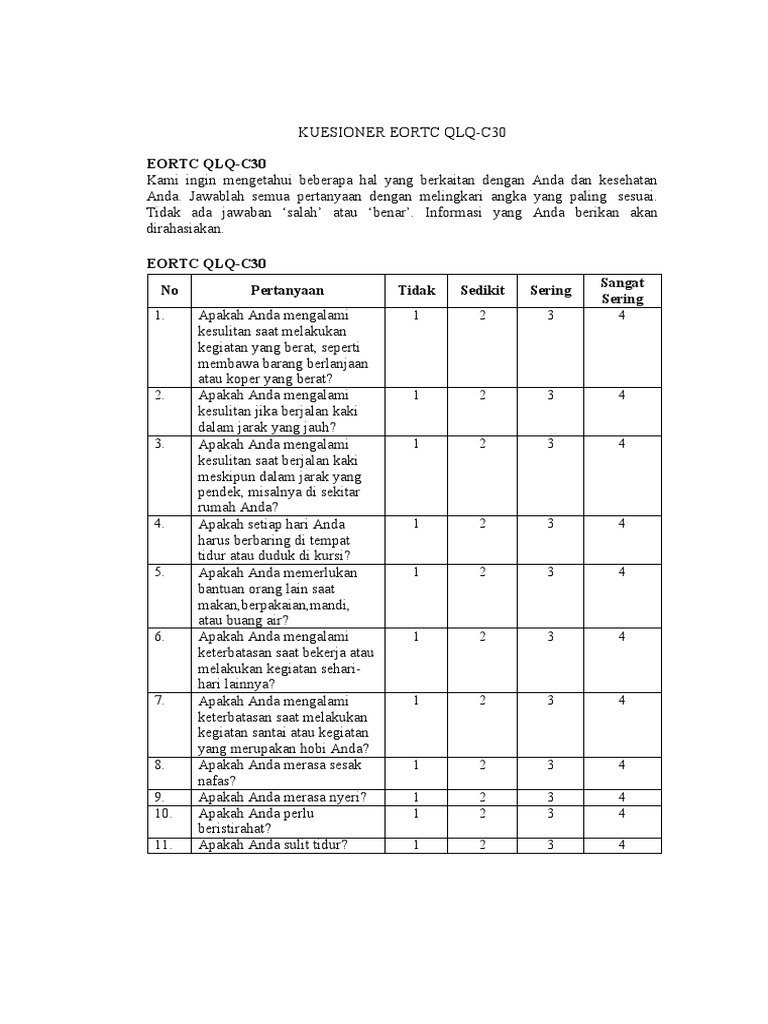 Kuesioner Eortc QLQ-C30 | PDF