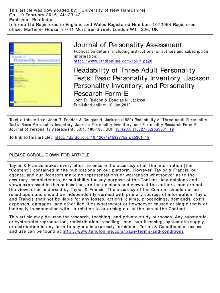 Readability of Three Adult Personality Tests: Basic Personality ...