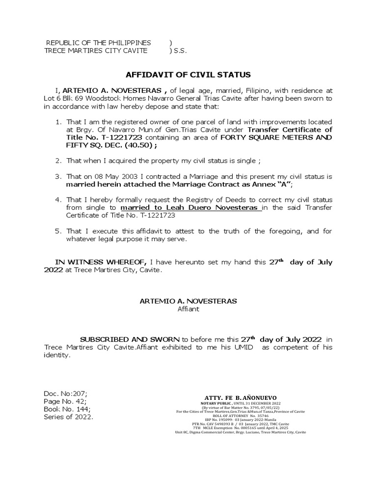 Affidavit of Civil Status: Atty. Fe B. Añonuevo | PDF | Affidavit ...