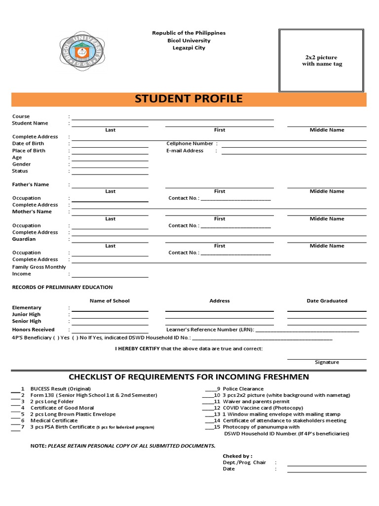 Student Profile: Checklist of Requirements For Incoming Freshmen | PDF