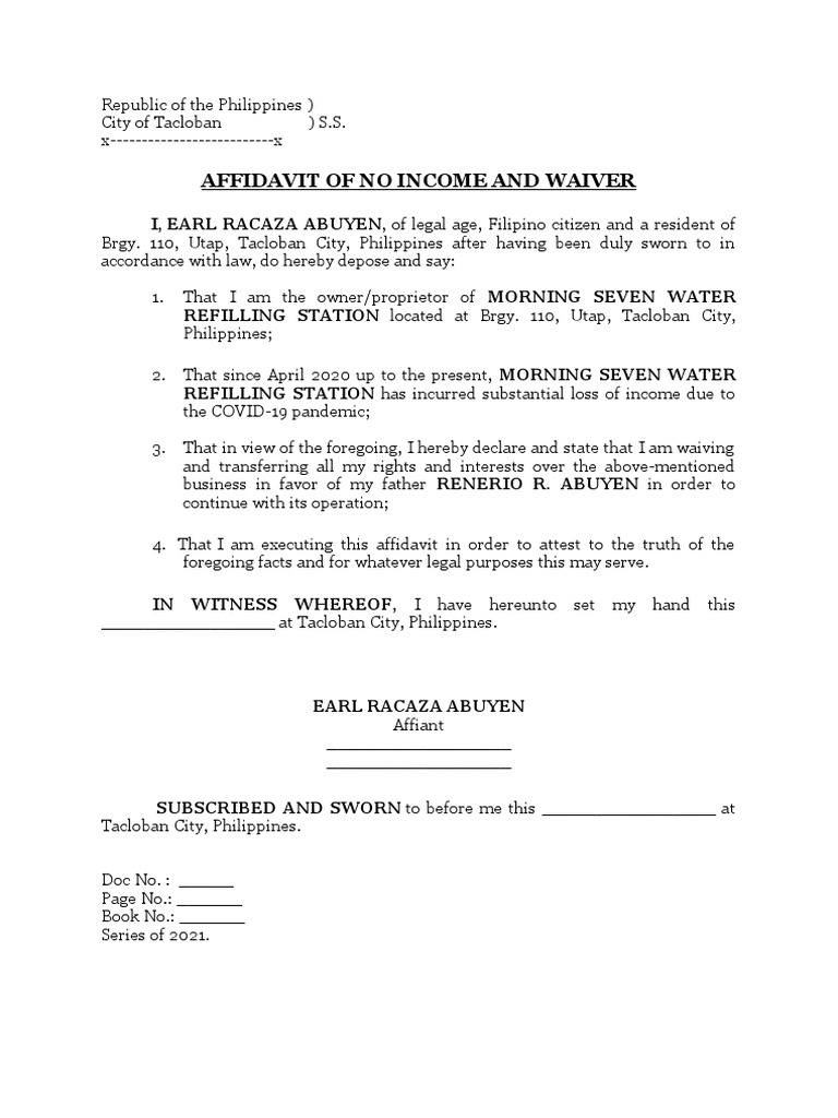 Affidavit of No Income and Waiver | PDF