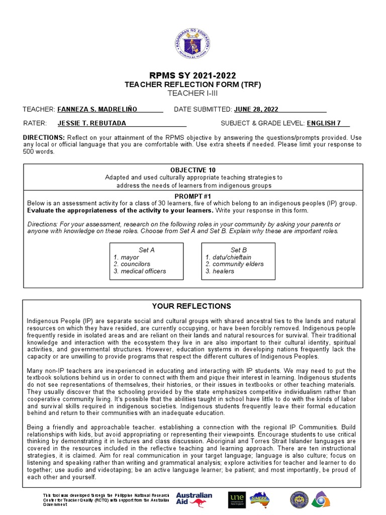 RPMS SY 2021-2022: Teacher Reflection Form (TRF) | PDF | Teaching ...