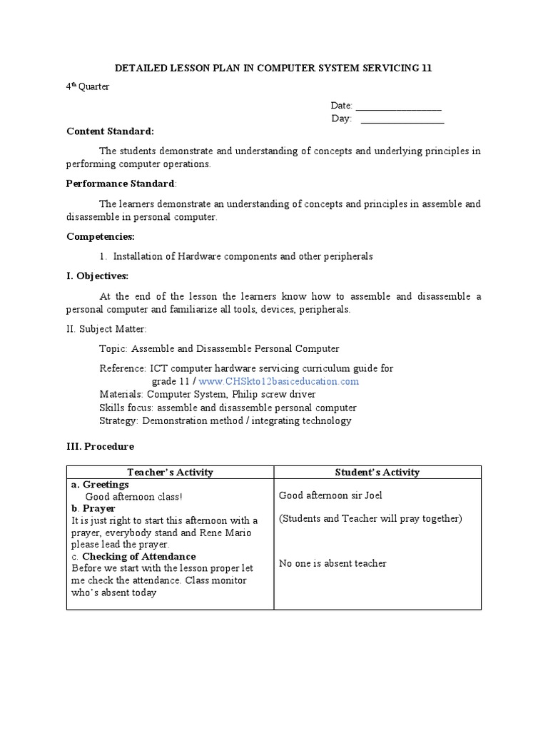 Detailed Lesson Plan in Computer System Servicing 11 | PDF | Electrical ...