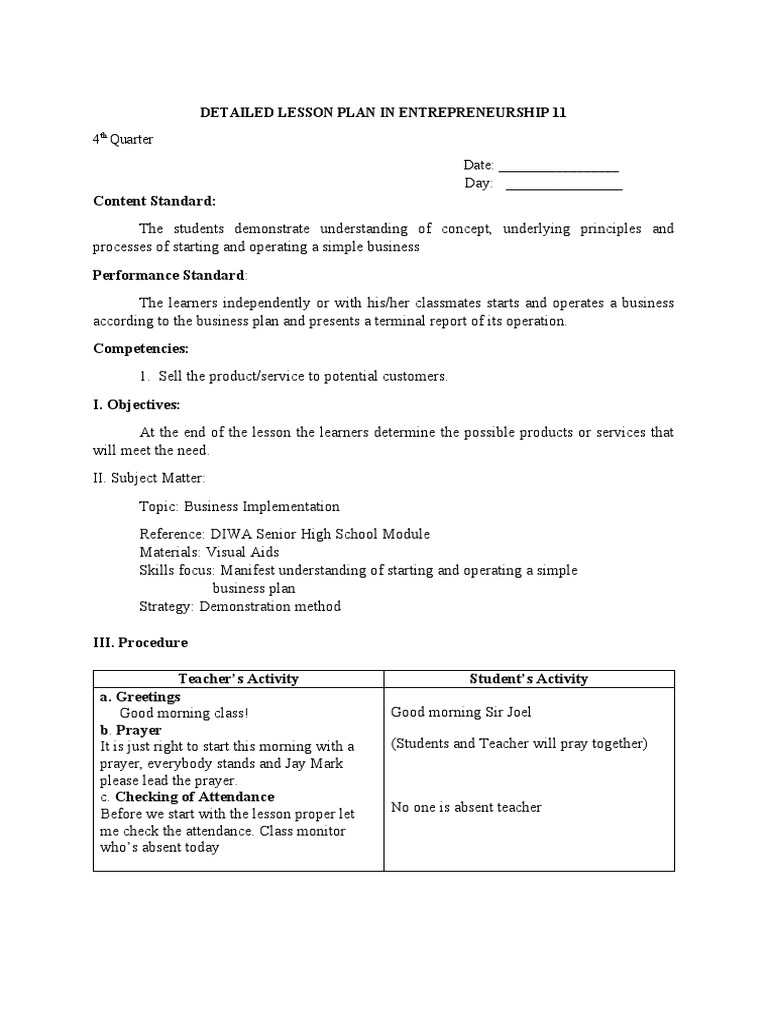 DETAILED LESSON PLAN IN Entrep | PDF | Lesson Plan | Marketing
