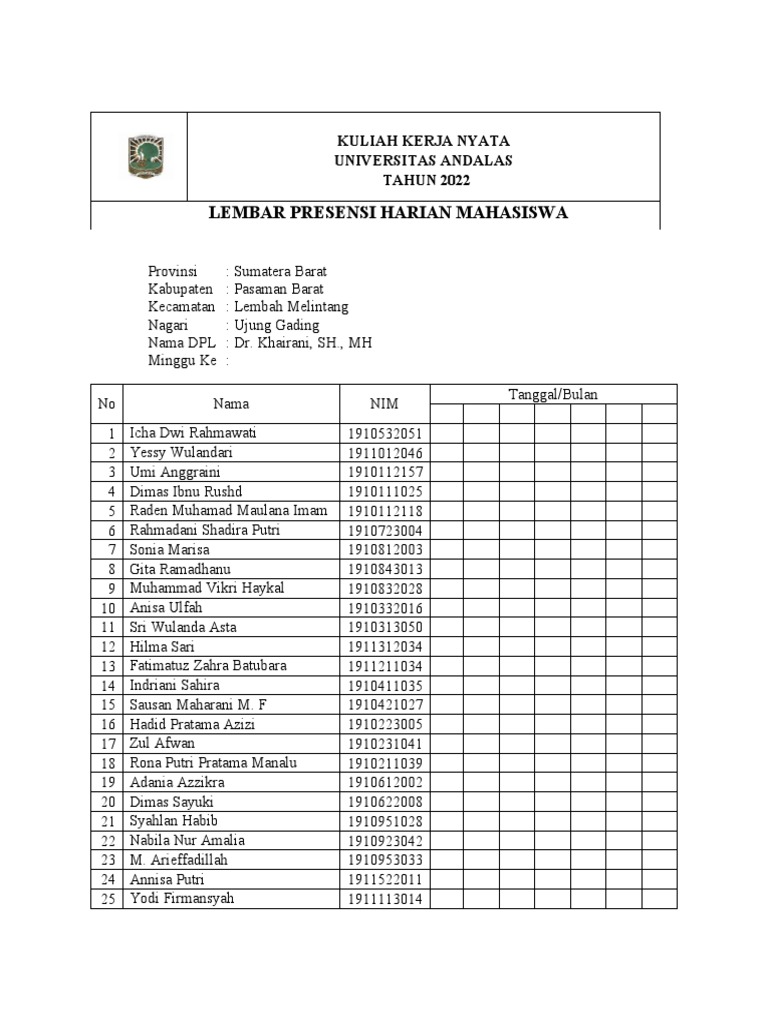 Lembar Presensi KKN 2022 Unand | PDF