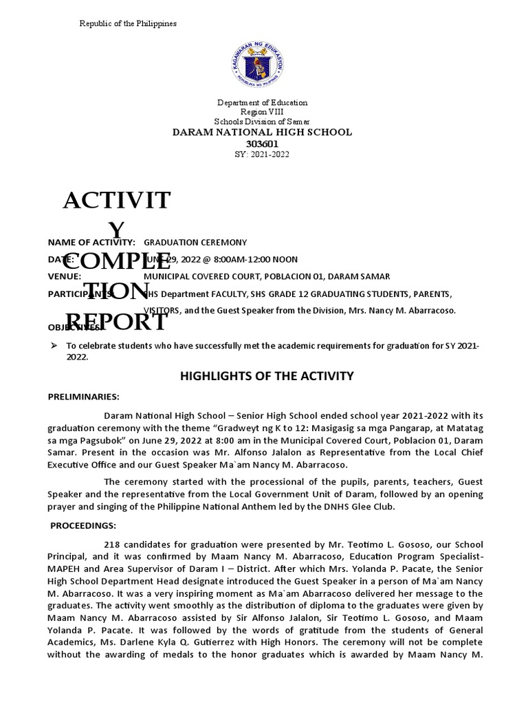 Activit Y Comple Tion: Highlights of The Activity | PDF | Educational ...