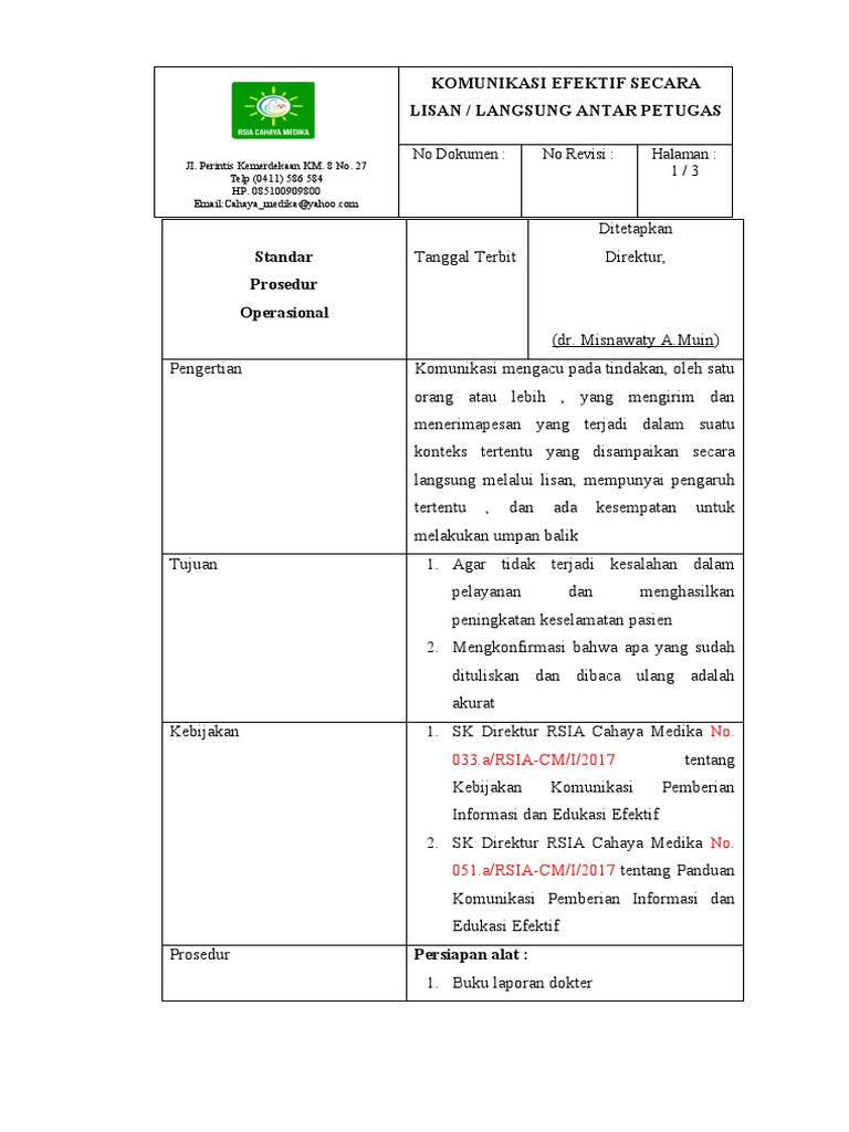 Spo Komunikasi Efektif Secara Lisan Atau Langsung Antar Petugas | PDF