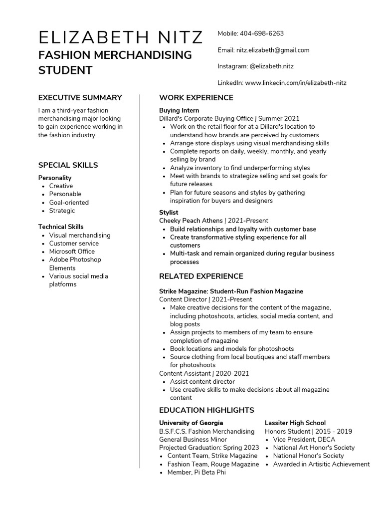 Elizabeth Nitz London Internship Resume | PDF | Fashion | Brand