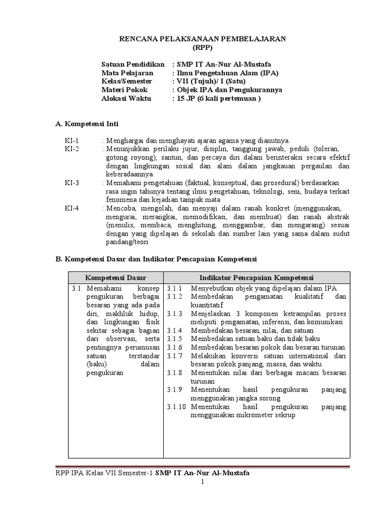 RPP Kelas 7 KD 3.1 Objek IPA Dan Pengukurannya | PDF