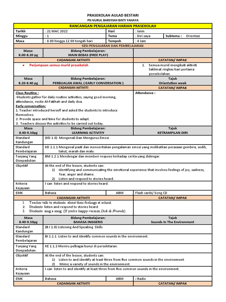 RPH Minggu 1 (Orientasi) | PDF | Cognition