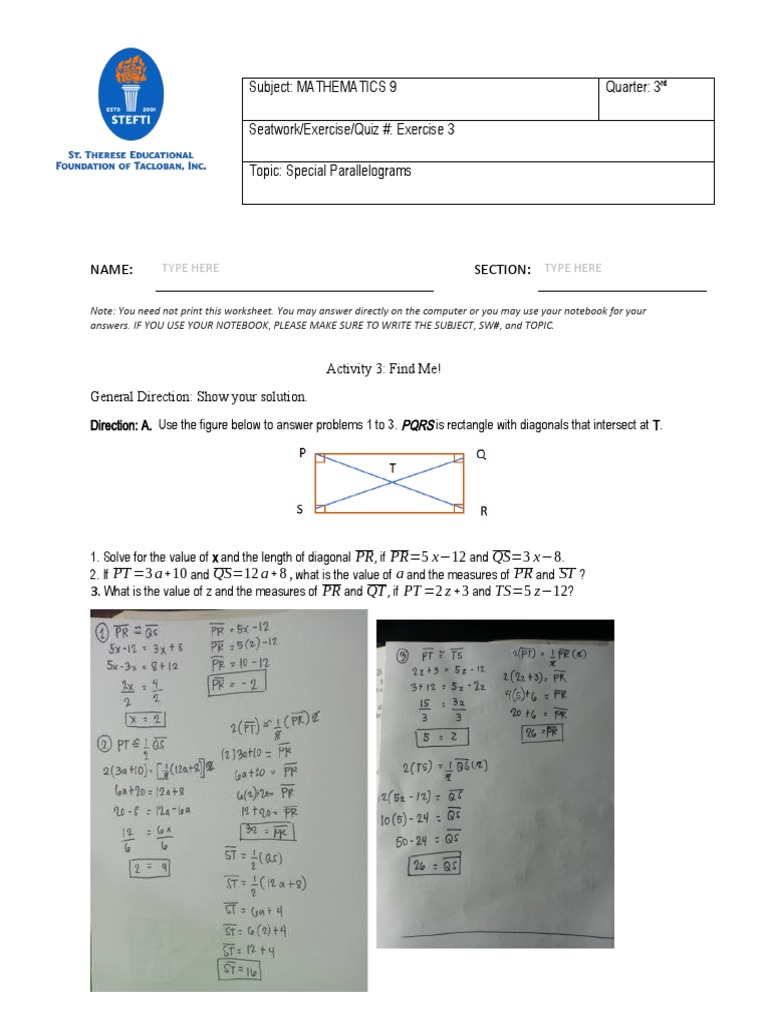 Subject: MATHEMATICS 9 Quarter: 3 Seatwork/Exercise/Quiz #: Exercise 3 ...