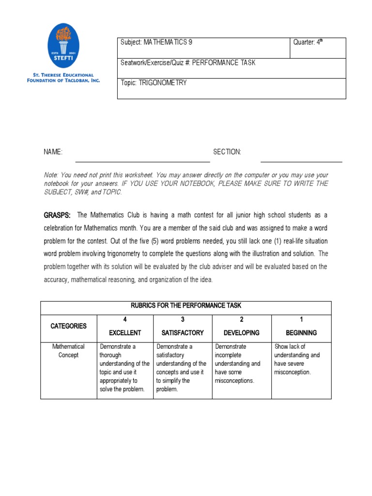 Performance Task Trigonometry | PDF | Mathematics | Concept