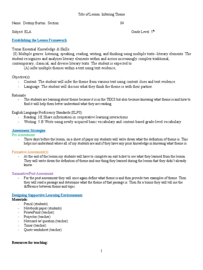 Theme Lesson Plan | PDF | Educational Assessment | Learning