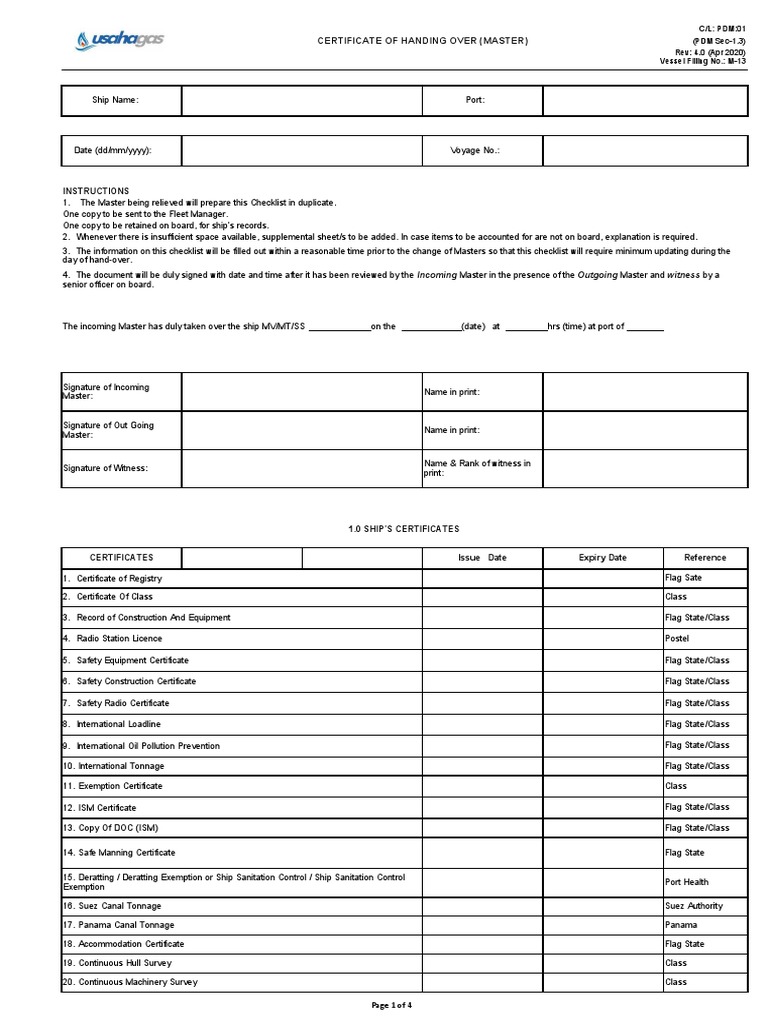 Master Handover Certificate Checklist | PDF | Tonnage | Shipping