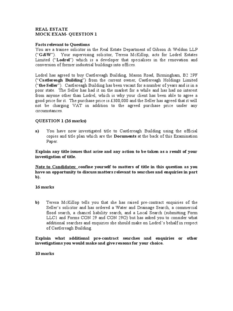 Real Estate Mock Exam Question 1 | PDF | Conveyancing | Civil Law ...