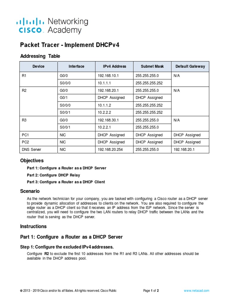 7.4.1 Packet Tracer - Implement dhcpv4 | PDF | Router (Computing) | Computer Network