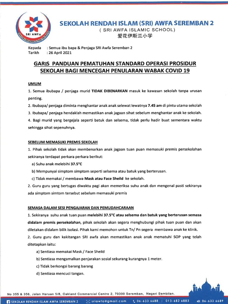 Memo SOP Covid-19 Kepada Ibubapa | PDF