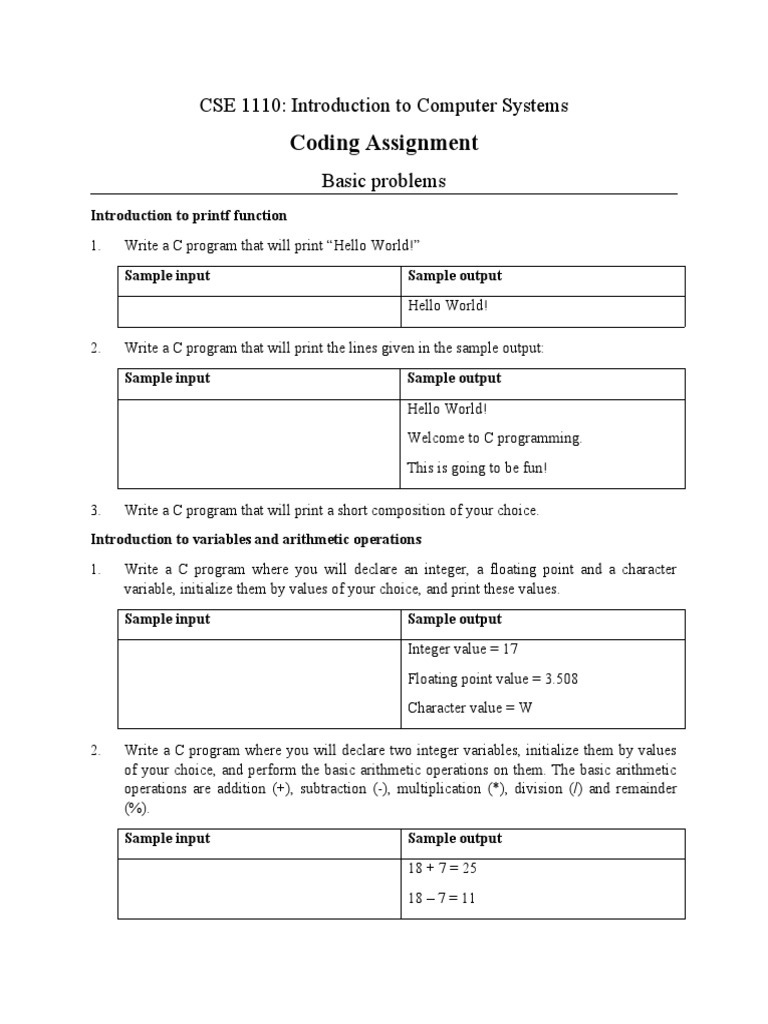 Coding Assignment: CSE 1110: Introduction To Computer Systems Basic ...