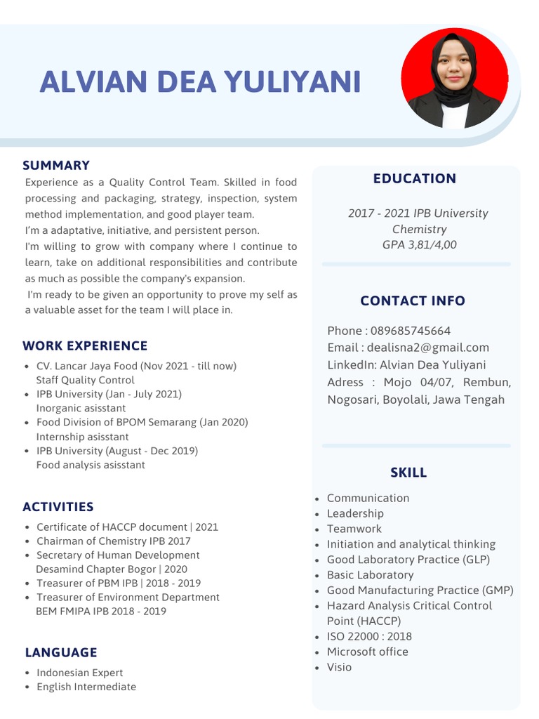 CV - Alvian Dea Yuliyani | PDF | Hazard Analysis And Critical Control Points