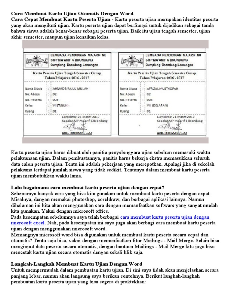Cara Membuat Kartu Ujian Otomatis Dengan Word | PDF