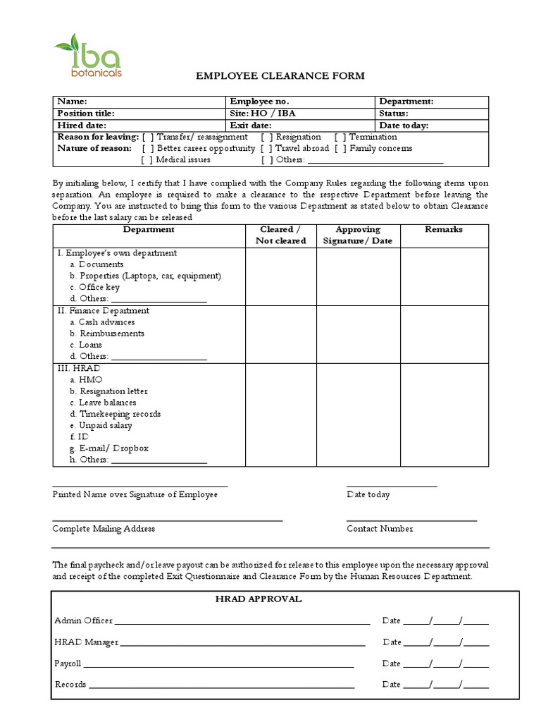 Employee Exit Clearance Form PDF | PDF | Business