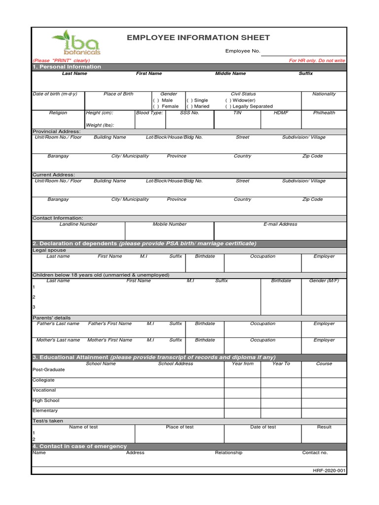 HRF-2020-001 (Employee Information Sheet) | PDF | Social Institutions