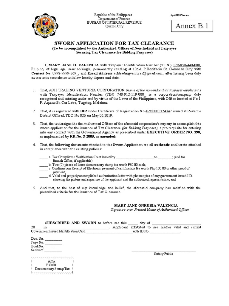 Sworn Application For TCBP-Non-individual (Annex B.1) Ach Trading | PDF ...