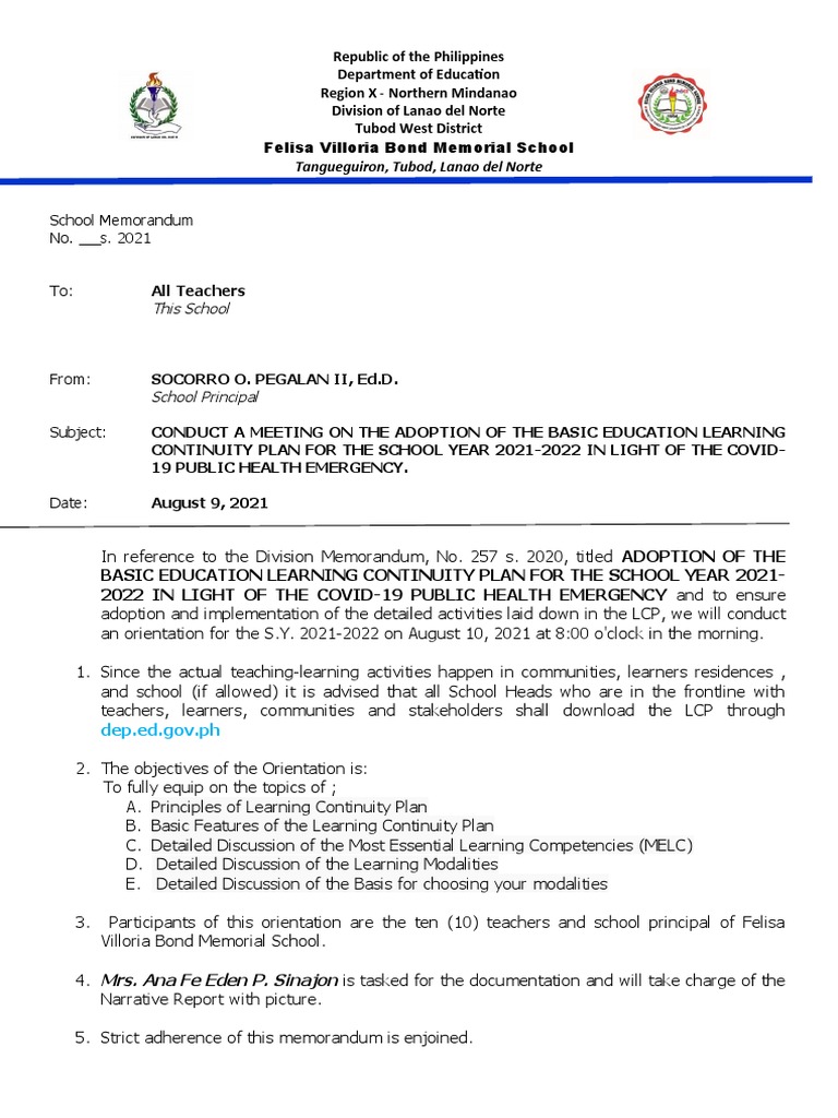 Adoptation of The Basic Education Learning Continuity Plan | PDF ...