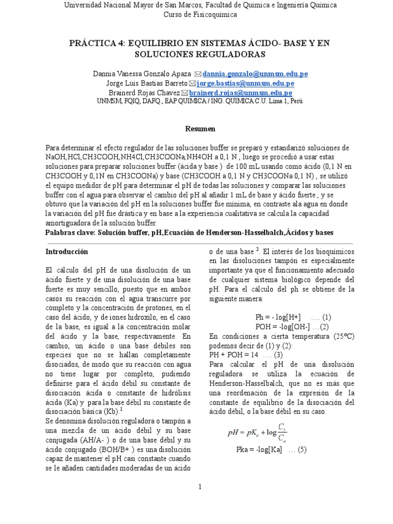 Práctica N°4 - EQUILIBRIO EN SISTEMAS ÁCIDO - BASE Y EN SOLUCIONES REGULADORAS | PDF | Solución ...