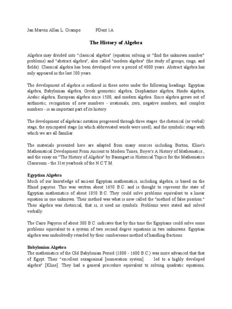 History of Algebra: From Ancient to Modern | PDF | Algebra | Equations