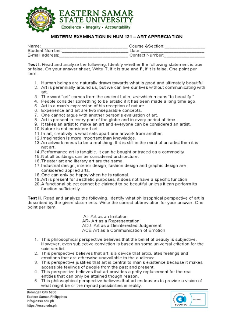 MIDTERM EXAMINATION IN HUM 121 – ART APPRECIATION | PDF | Design | Idea