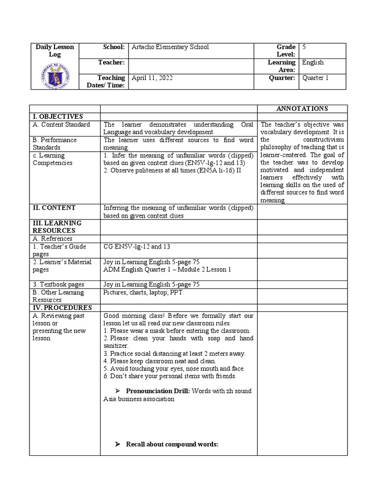 Daily Lesson Log School: Artacho Elementary School Grade Level: Teacher ...