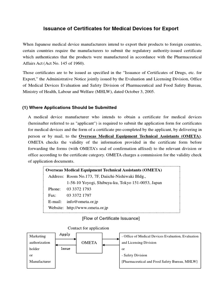 Issuance of Certificates For Medical Devices For Export: (1) Where ...