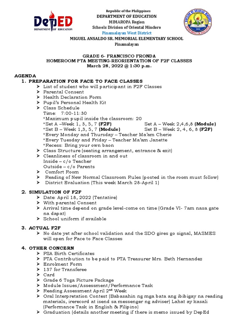 Agenda For Homeroom Pta Meeting | PDF | Schools