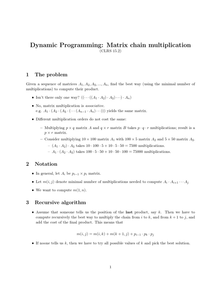 Dynamic Programming: Matrix Chain Multiplication: 1 The Problem | PDF | Matrix (Mathematics ...