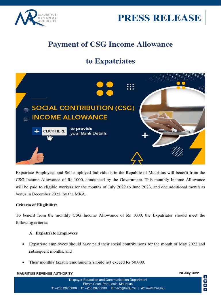 CSG Income Allowance To Expatriates | PDF | Self Employment | Small ...