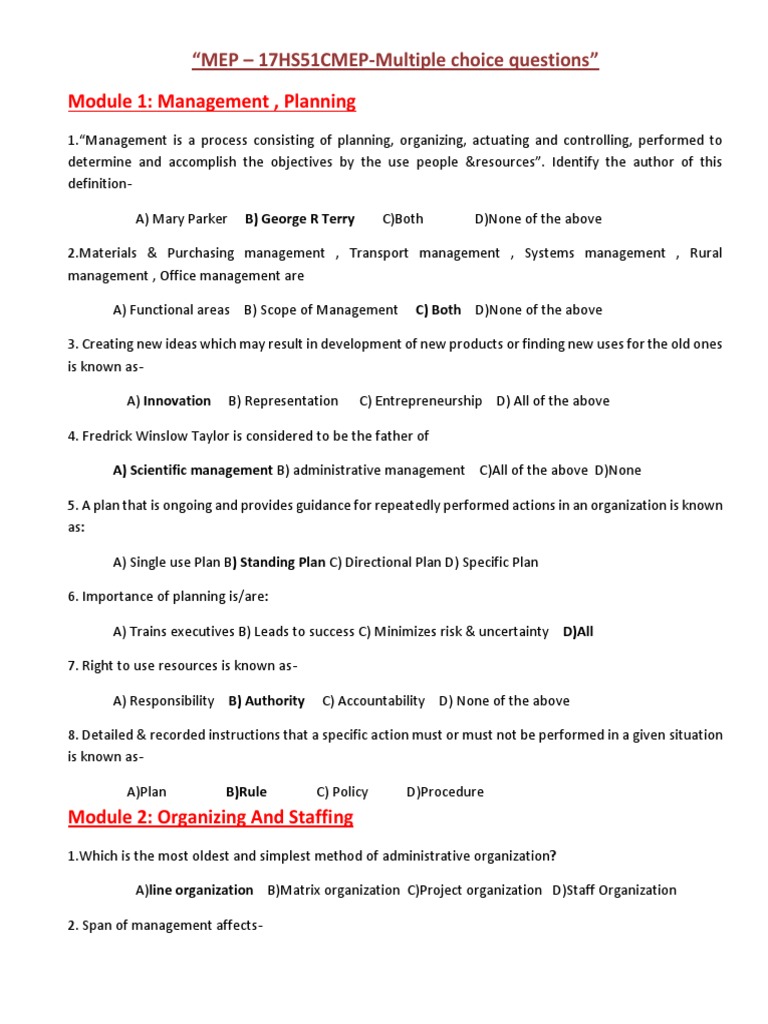 Module 1: Management, Planning: "MEP - 17HS51CMEP-Multiple Choice ...