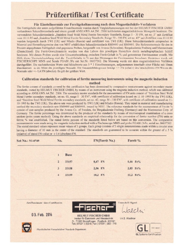 Ferrite Test Certificate | PDF