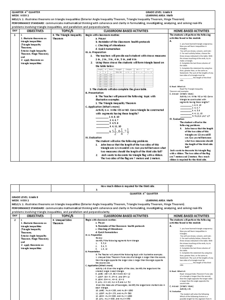 Weekly Learning Plan Math 8 Week 1 | PDF | Triangle | Theorem