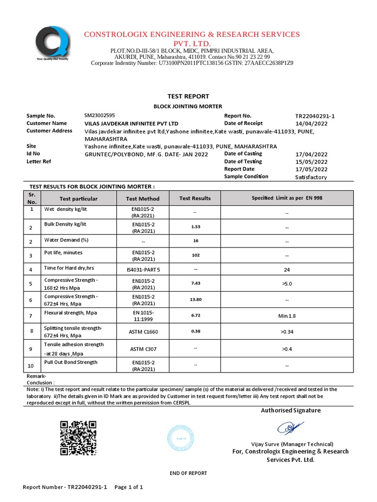 Constrologix Engineering & Research Services Pvt. LTD.: Test Report ...