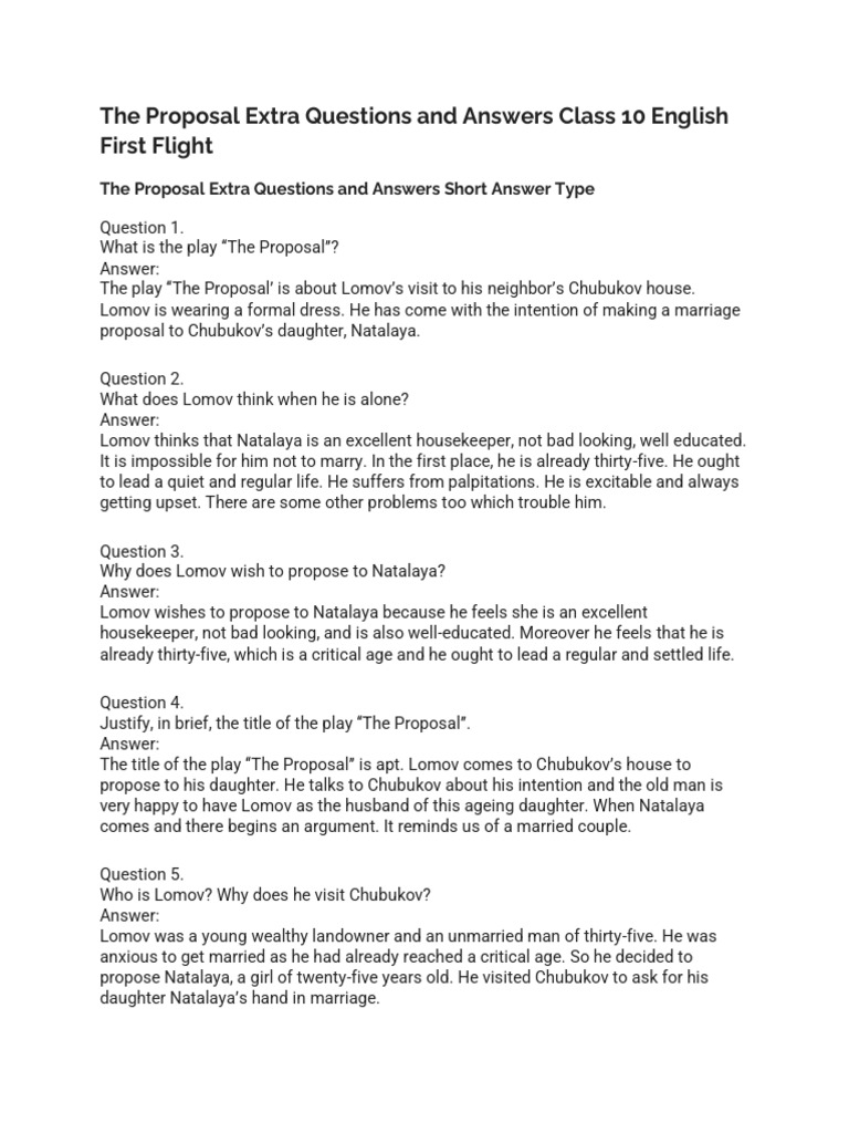 The Proposal Extra Questions and Answers Class 10 English First Flight ...
