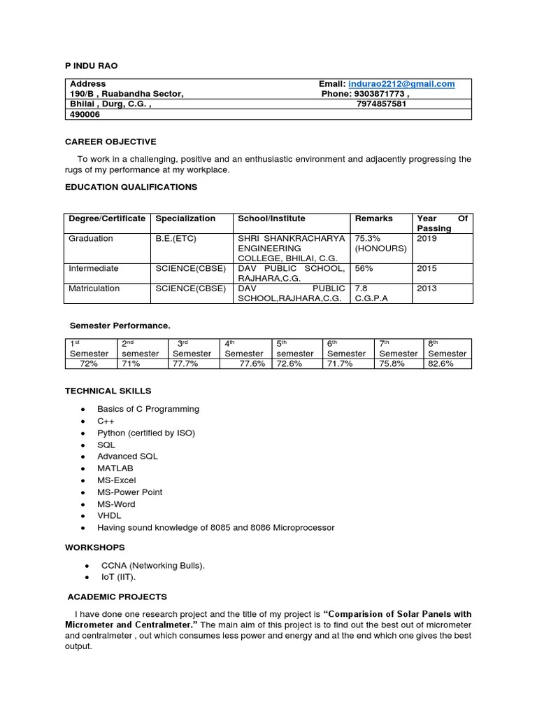 P INDU RAO Technical Resume PDF | PDF