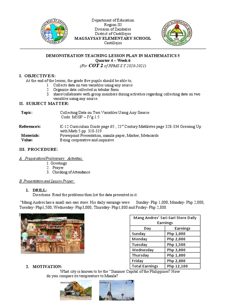 Grade 5 Math Lesson Plan: Data Collection | PDF | Php