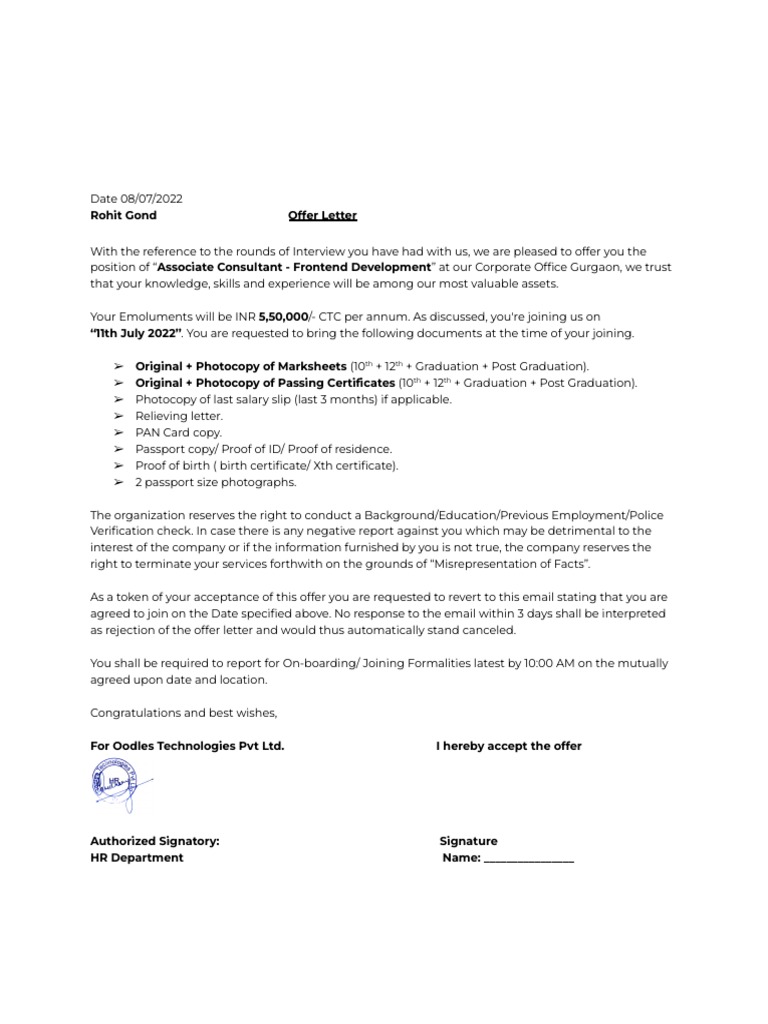 Rohit Gond Offer Letter Accepted | PDF | Signature | Access Control