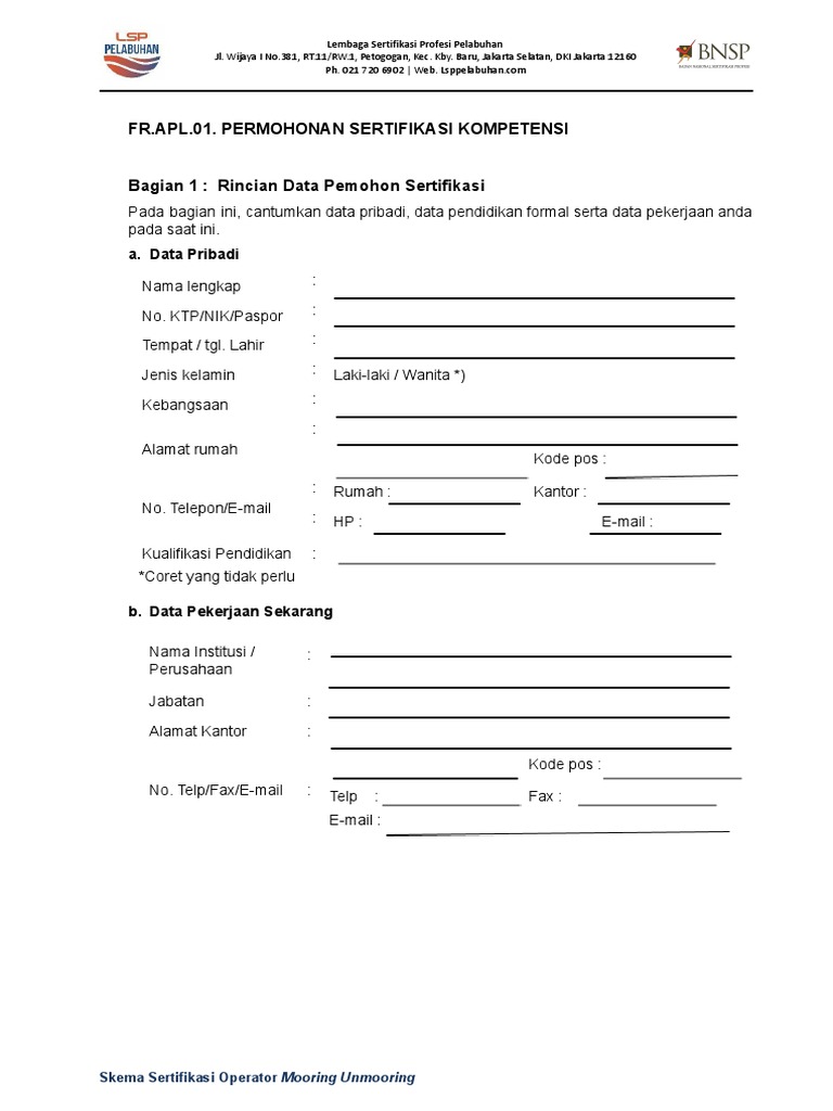 PERMOHONAN SERTIFIKASI KOMPETENSI OPERATOR MOORING UNMOORING | PDF