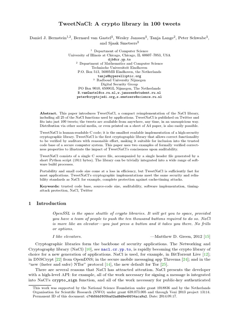 Tweetnacl: A Crypto Library in 100 Tweets: Nacl - Cr.Yp - To | PDF ...
