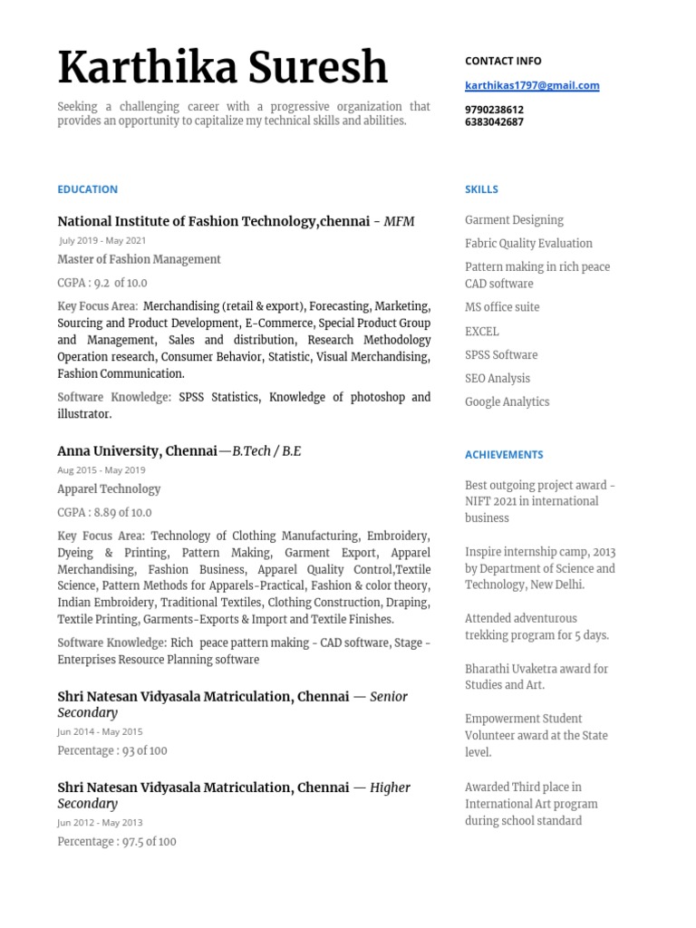 Karthika Suresh - Resume | PDF | Fashion | Clothing