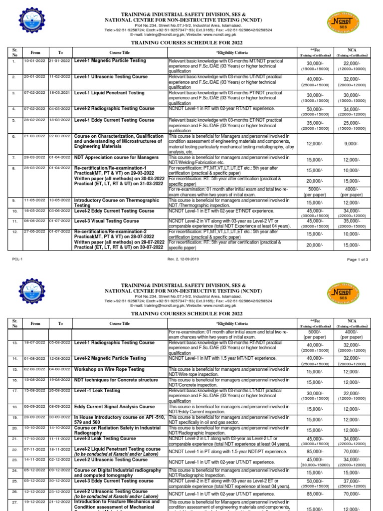 Training Courses Schedule For 2022 | PDF | Nondestructive Testing ...