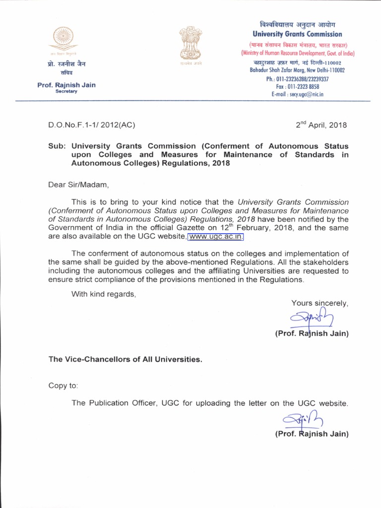 Letter Reg UGC Regulations On Autonomous Colleges | PDF | Government | Government Of India